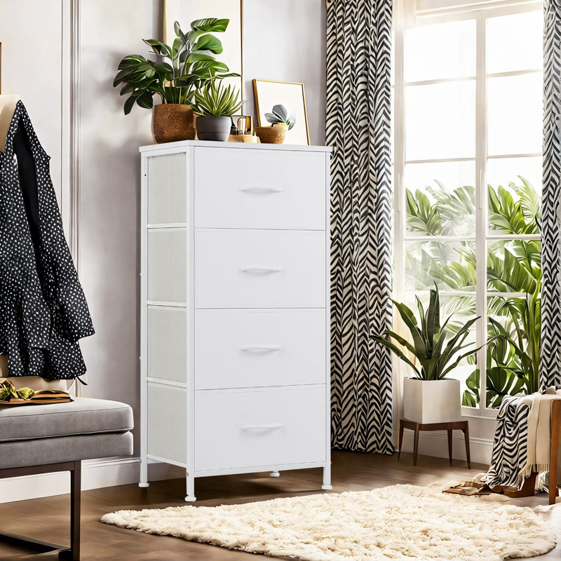 Dresser for Bedroom 4 Storage Tall Fabric Closet Chests Organizer Tower Furniture with Wooden Top Metal Frame for Clothes Kids Living Room Hallway